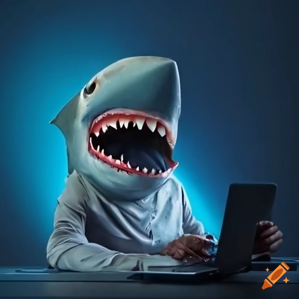 Man in a shark costume using a computer on Craiyon