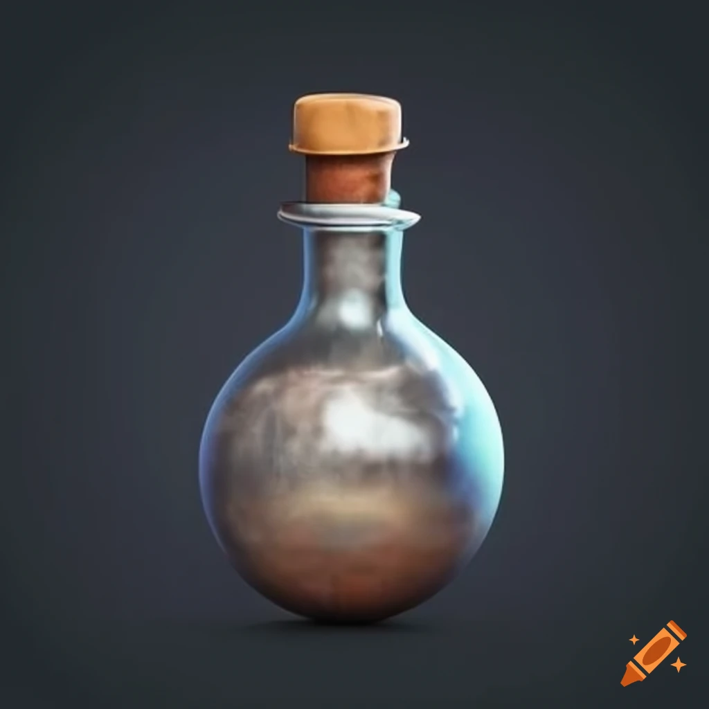 Realistic potion of liquid gray metal mercury with brown cap on Craiyon
