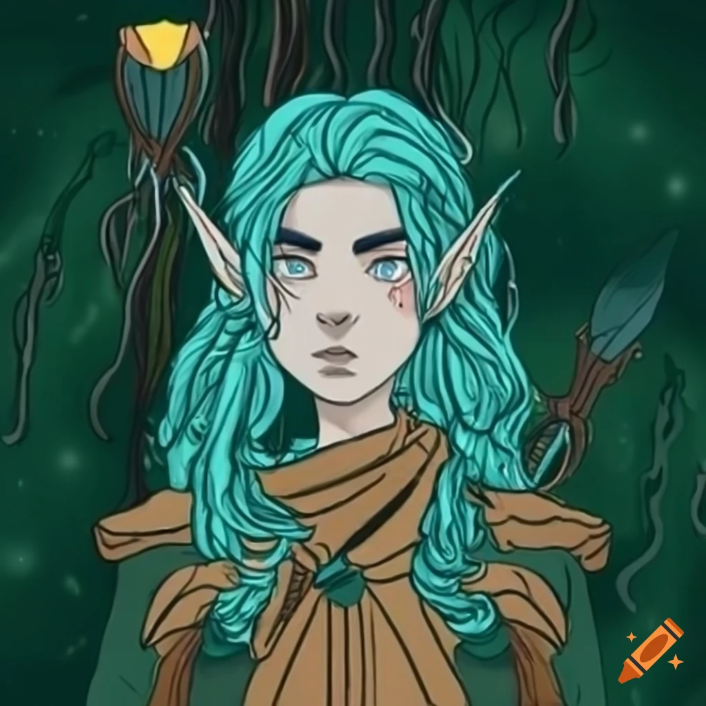 Mystical water elf in druidic robe holding a spear on Craiyon