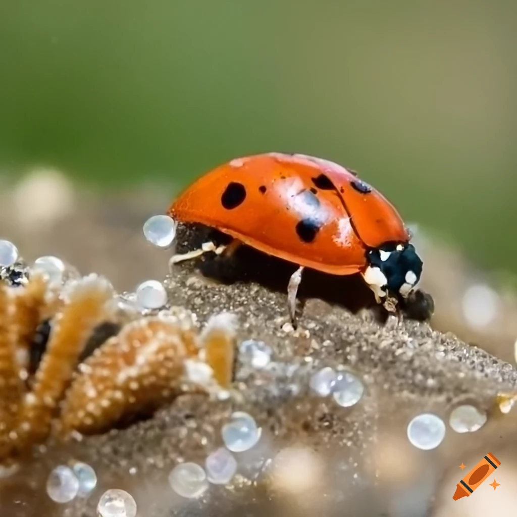 Ladybug surrounded by corals and seashells underwater with bubbles on ...