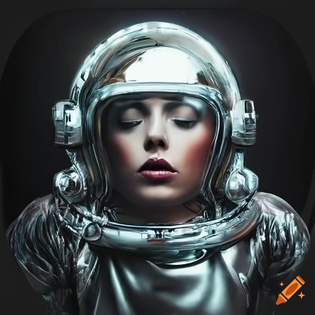 Futuristic chrome abstract creature woman in astronaut helmet from ...