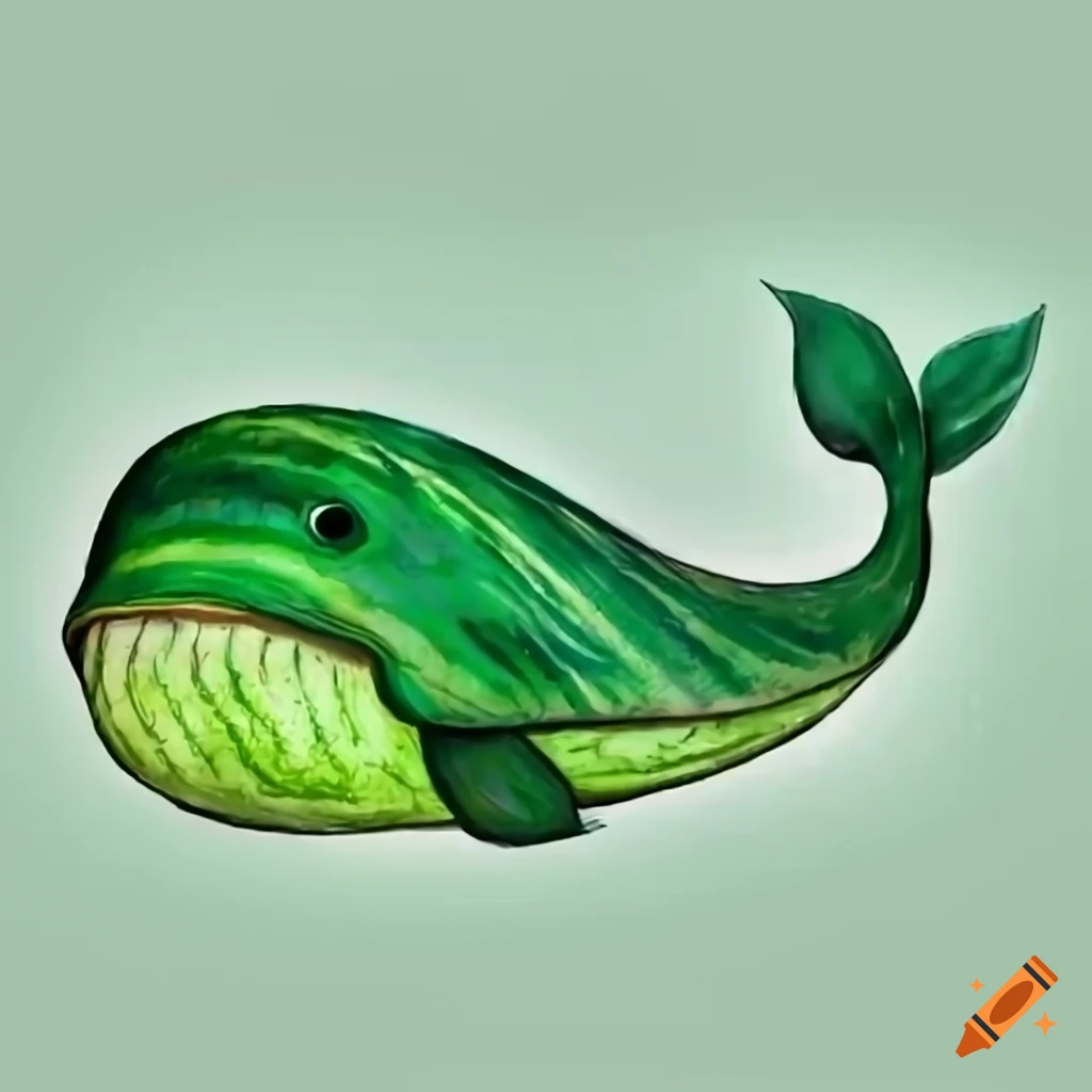 Cartoon whale with green watermelon-colored skin on Craiyon