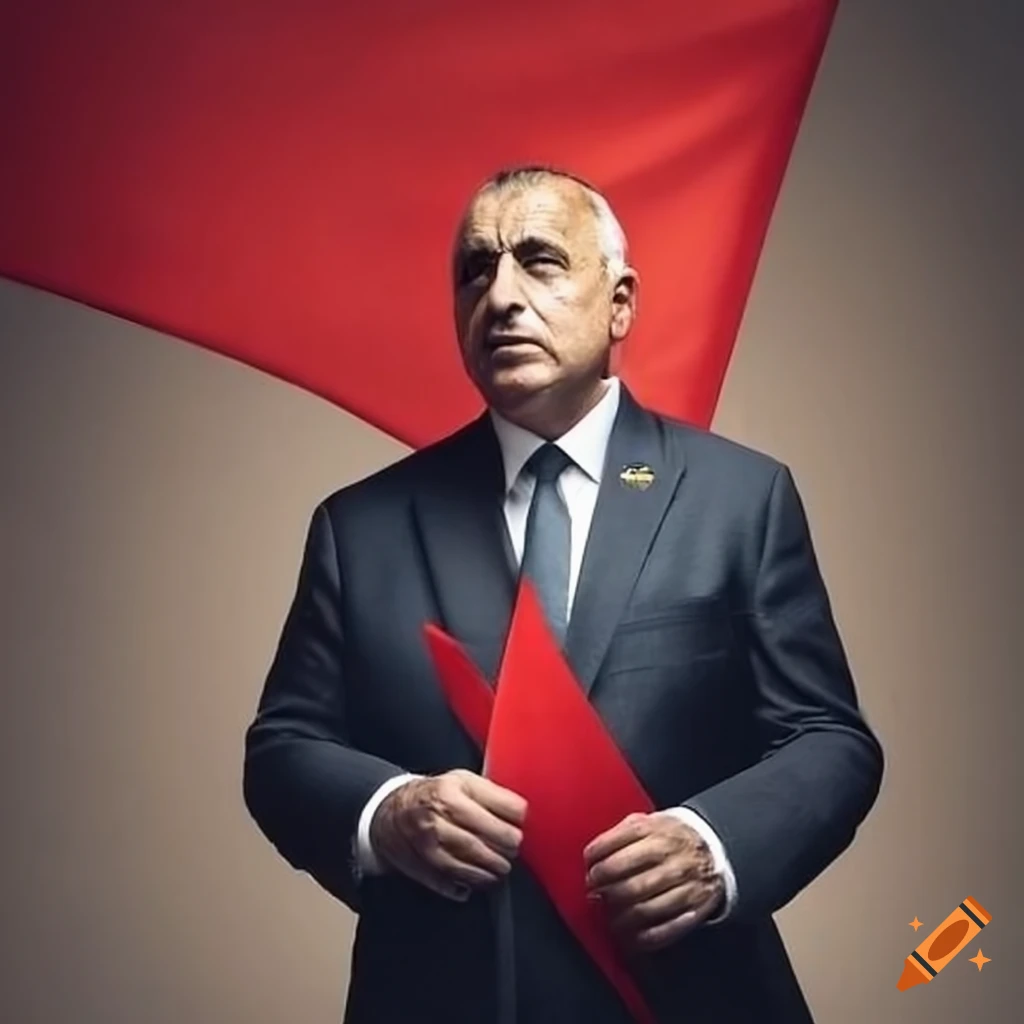 Boyko borissov holding a red flag in a junkyard on Craiyon