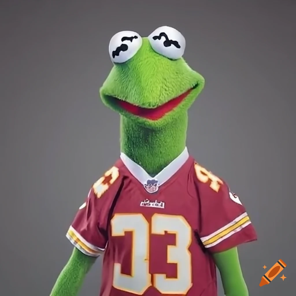 Kermit wearing a kansas chiefs jersey on Craiyon