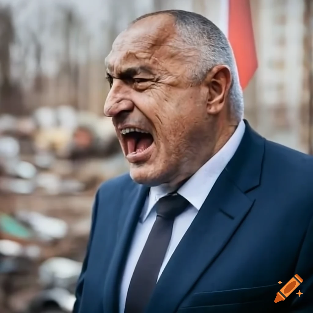Portrait of politician Boyko Borissov screaming with a red flag in a ...