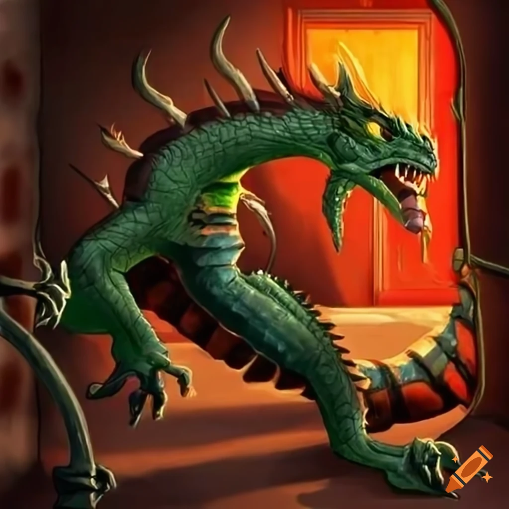 Trogdor the burninator dragon standing in front of a door on Craiyon