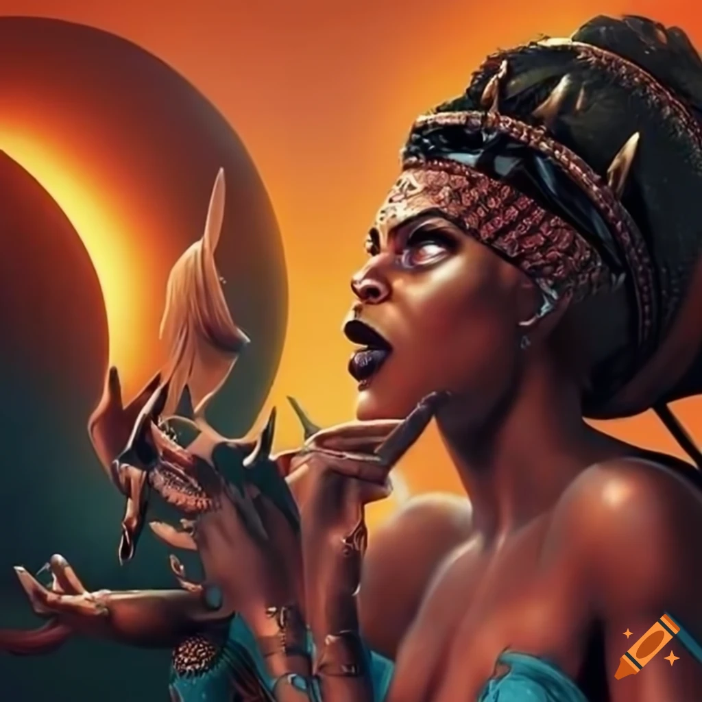 Empowering African American queen with armored scorpion under an eclipse on Craiyon