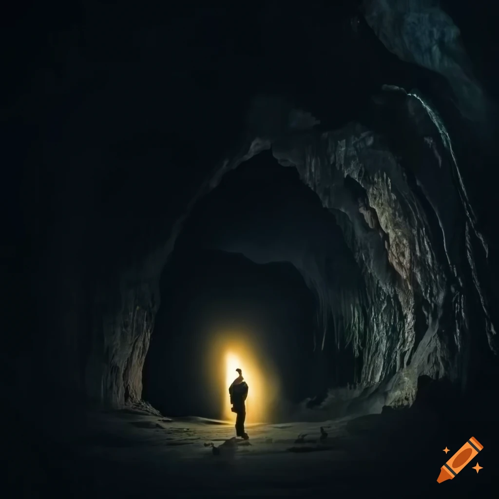 Man with flashlight in a large cave at night on Craiyon