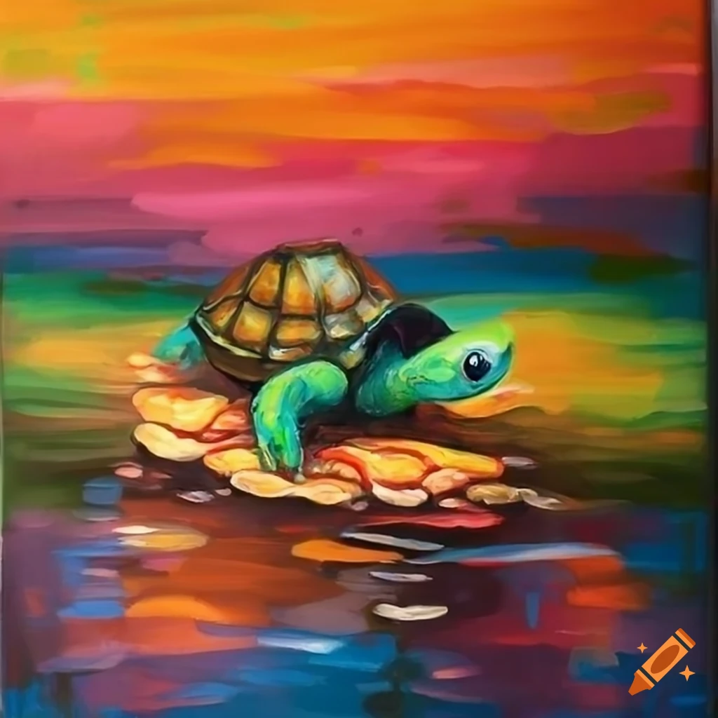 Happy turtle in a pond in warm colors on canvas on Craiyon
