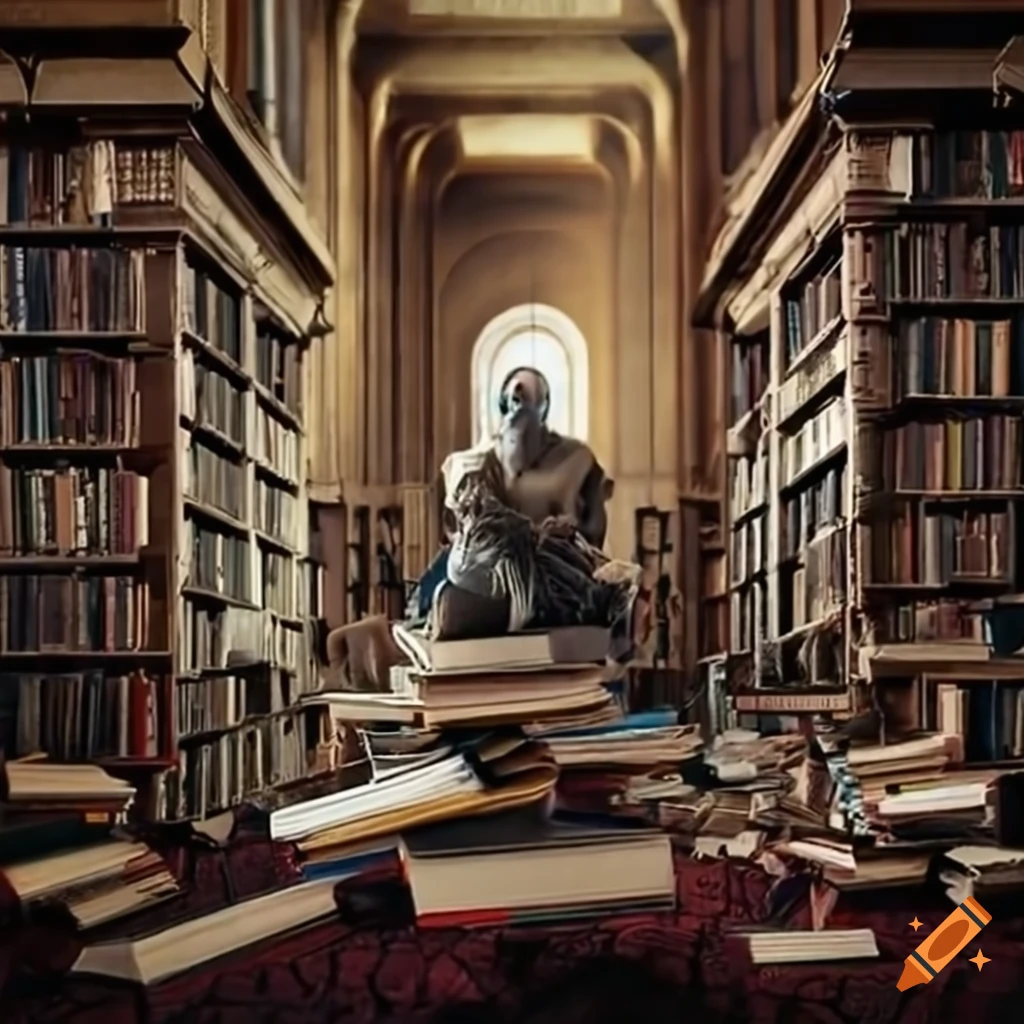 Surreal philosopher surrounded by flying books in a chaotic library on ...