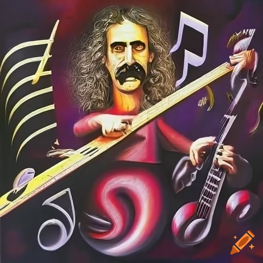 Frank Zappa surrounded by music notes and symbols in a surreal painting ...