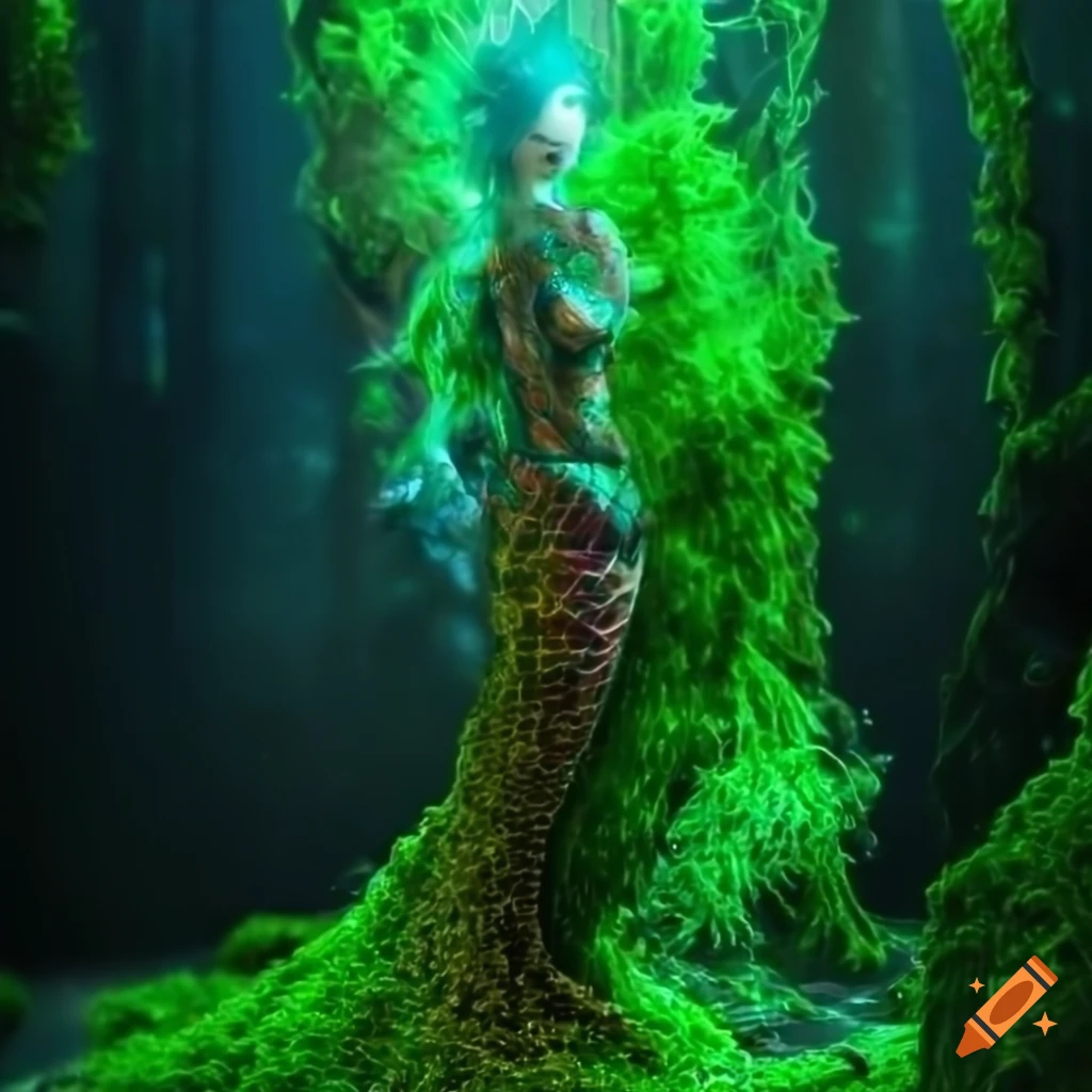 Glowing biopunk cityscape with cyborg mermaid goddesses and biological ...