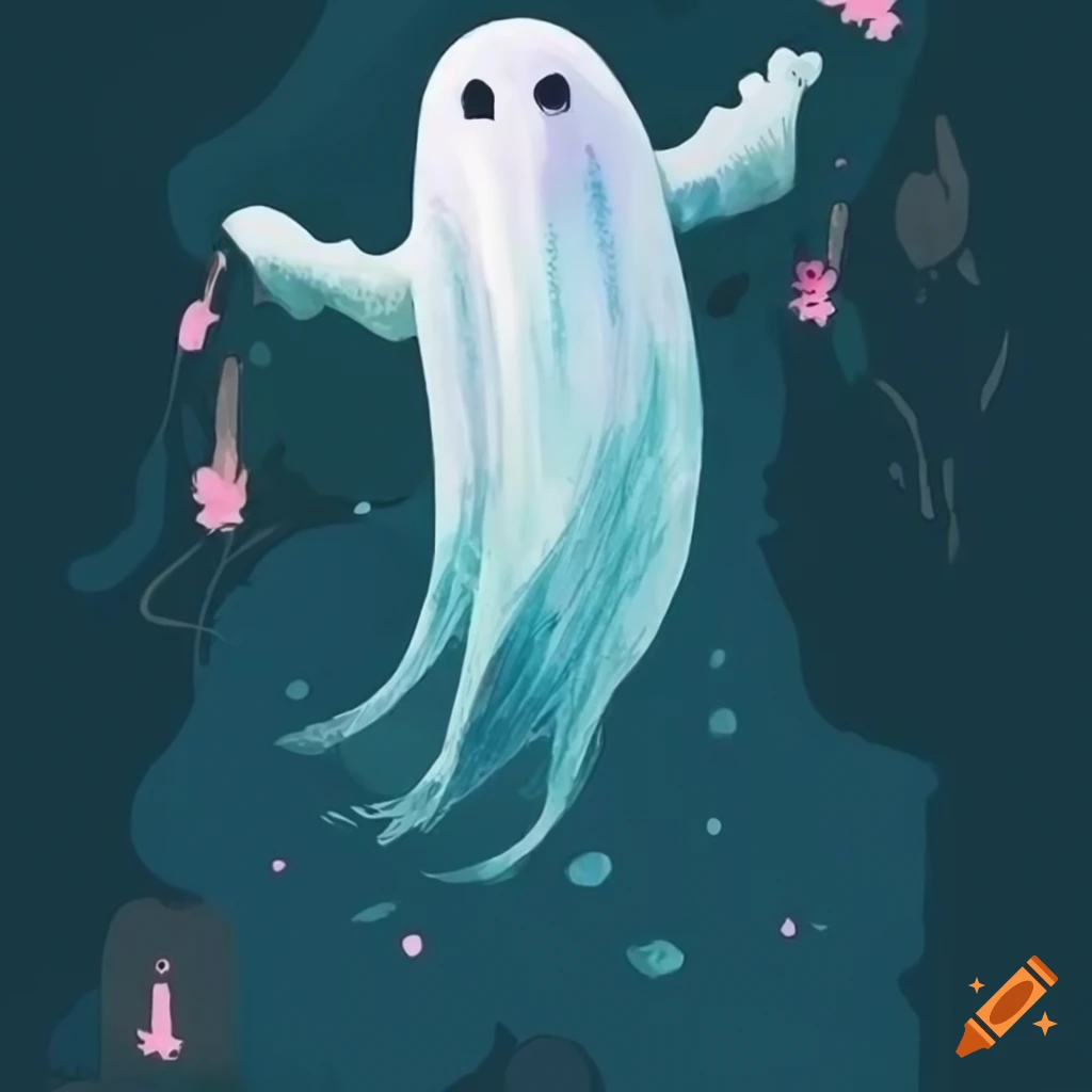 Cute ghost floating over a cemetery in a hand-drawn style on Craiyon