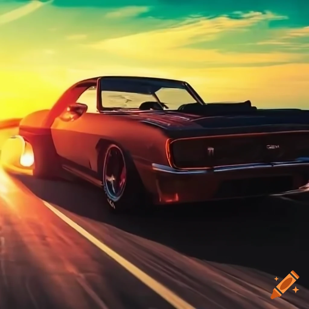 Modified american muscle car crossing the finish line at a racetrack on ...