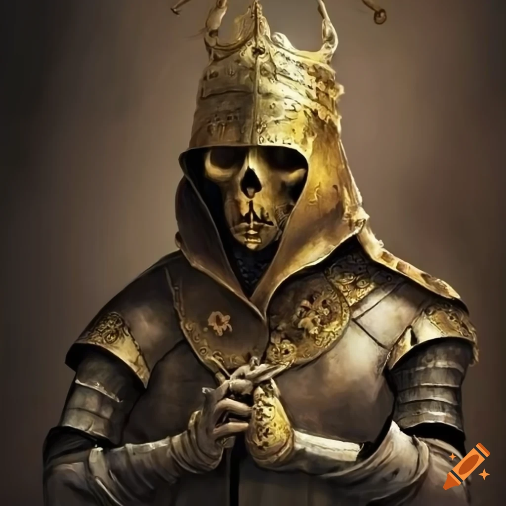 Ancient hooded wizard in knights armor with a gilded death mask on Craiyon