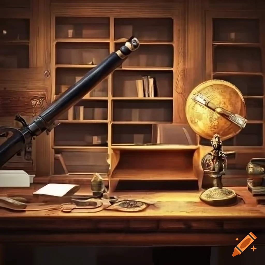 Office desk with fossils, astrolabe, telescope, and books on Craiyon