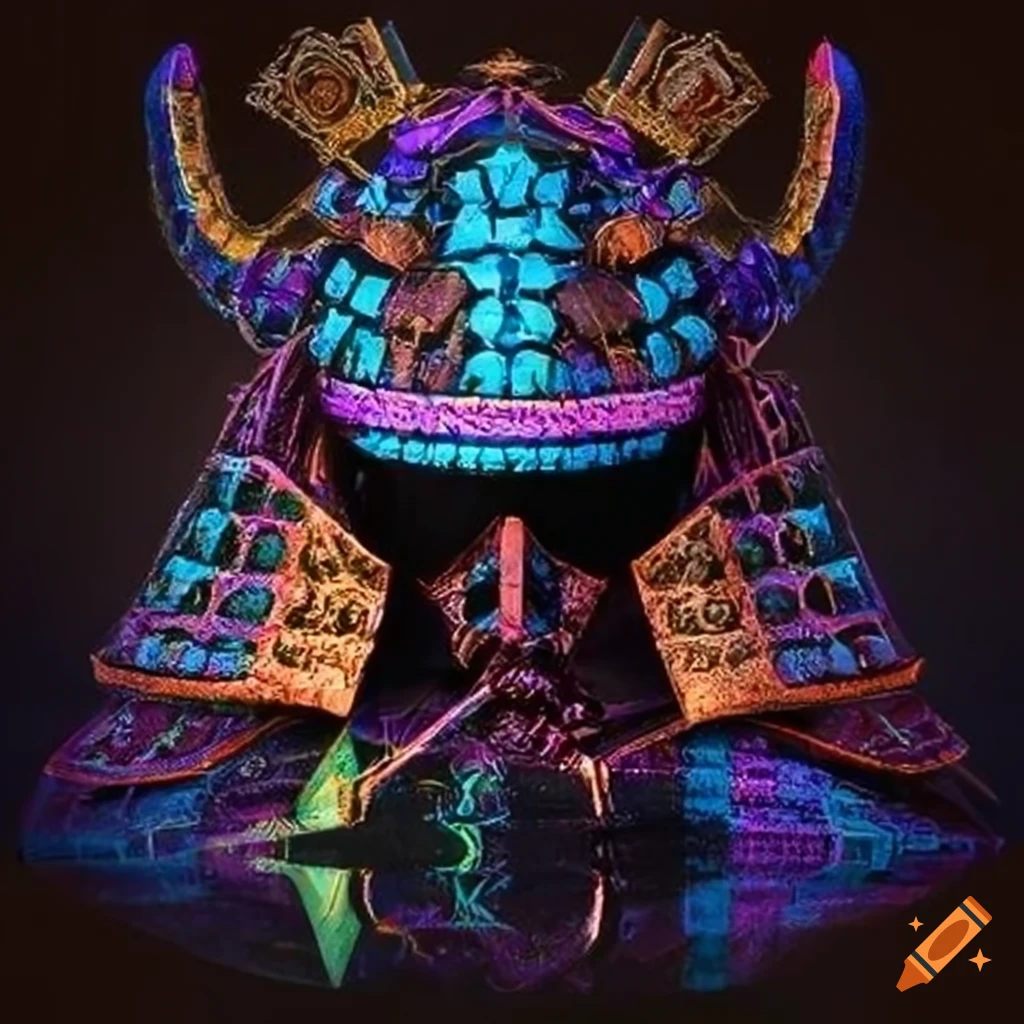 Geometric samurai helmet in blacklight hellscape on Craiyon