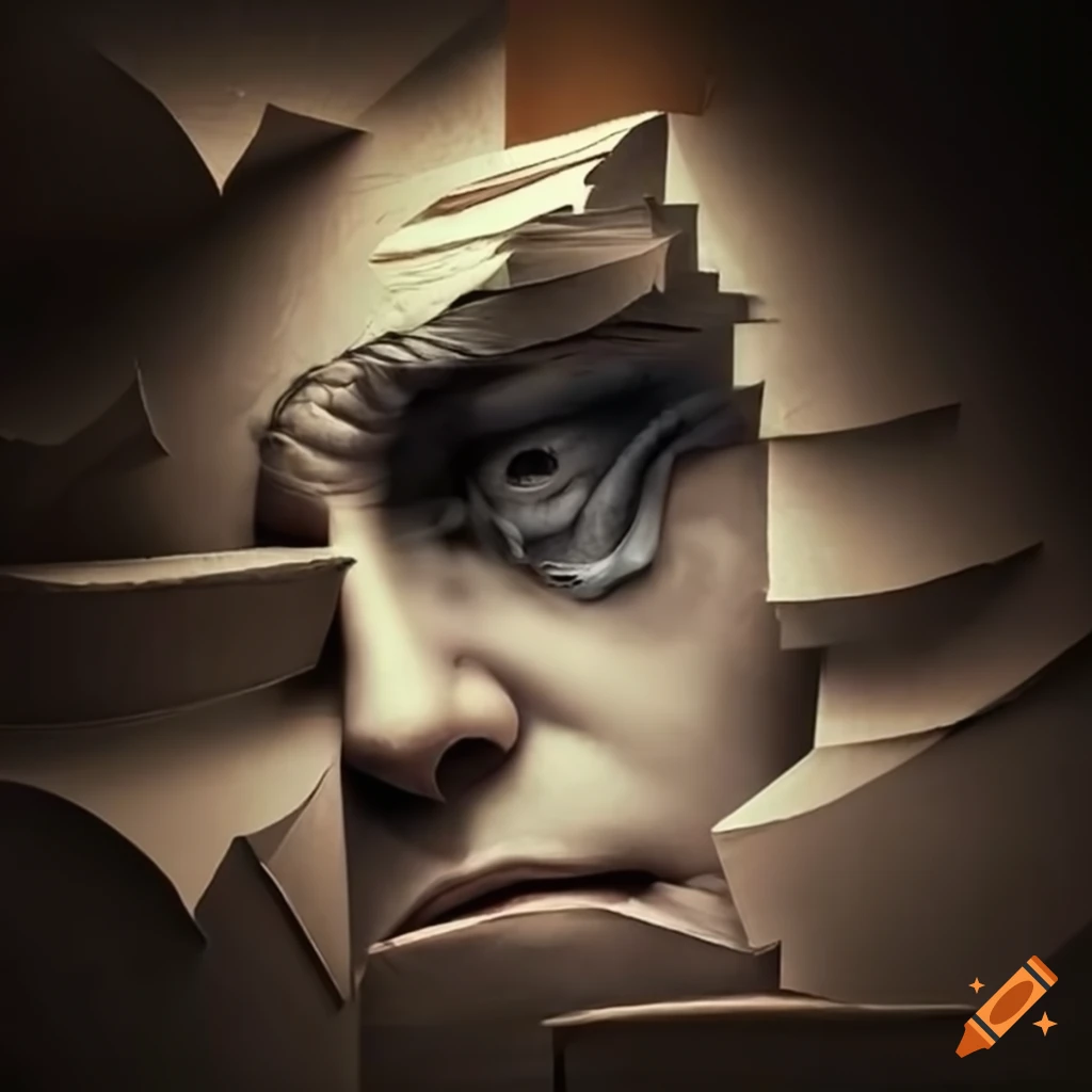 Surreal crying philosopher in a paper-landscape on Craiyon