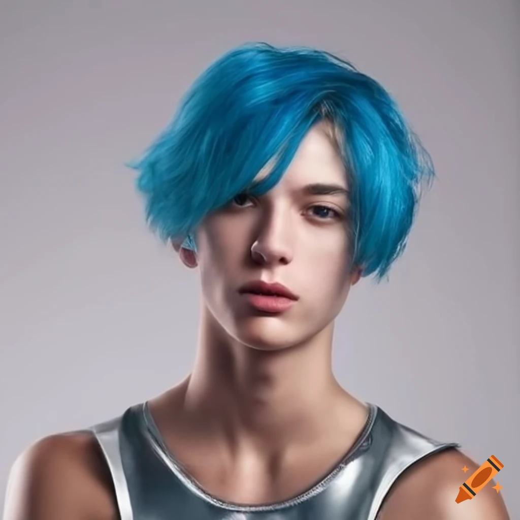 Male college student with blue hair in silver academy uniform on Craiyon