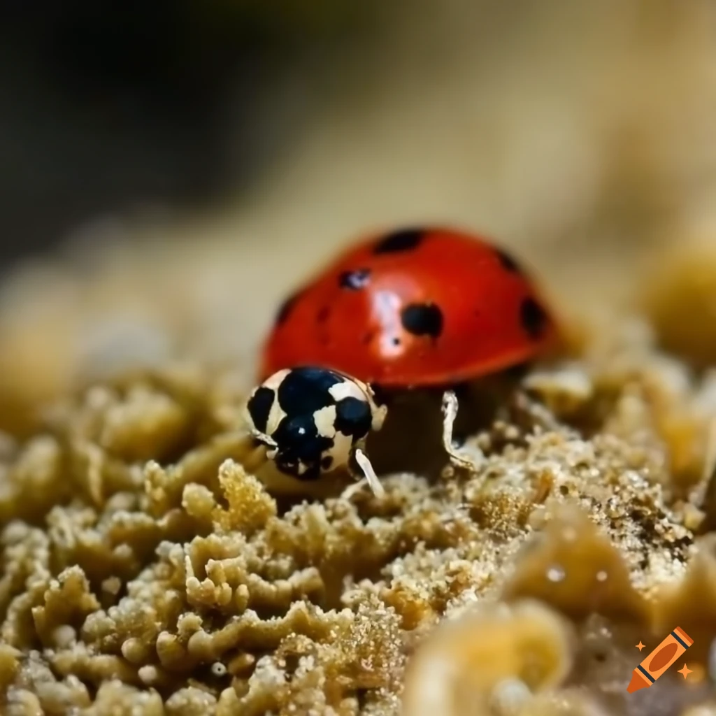 Ladybug underwater surrounded by corals, seashells, bubbles, and sand ...