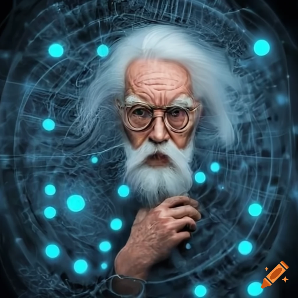 Old man with long white hair and beard in an atomic electron cloud on ...