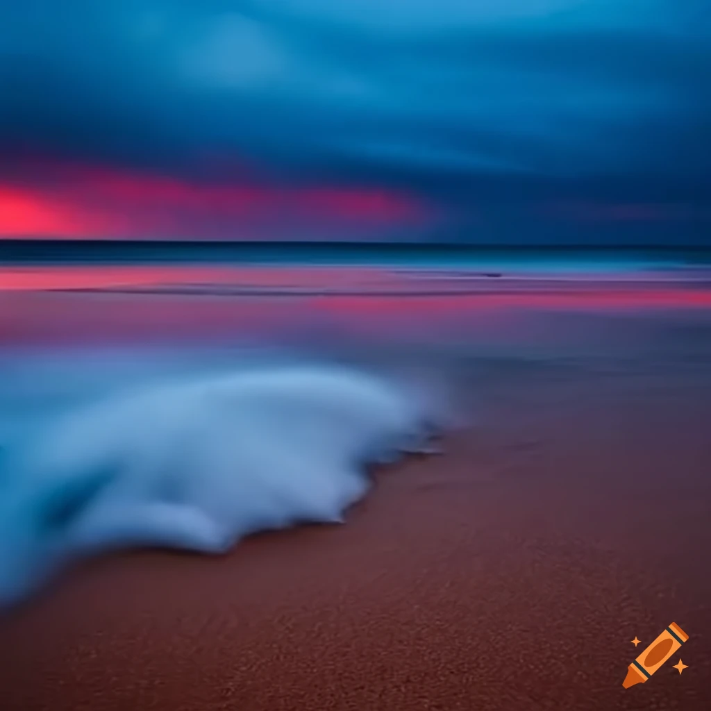Crimson tidal wave crashing on a beach on Craiyon