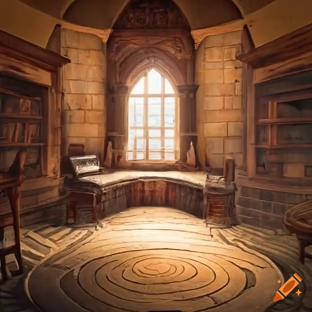 Small ancient office at the center of a labyrinth on Craiyon