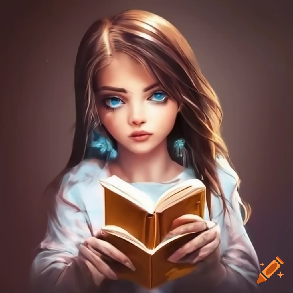 Cute woman with brown hair and blue eyes reading on Craiyon