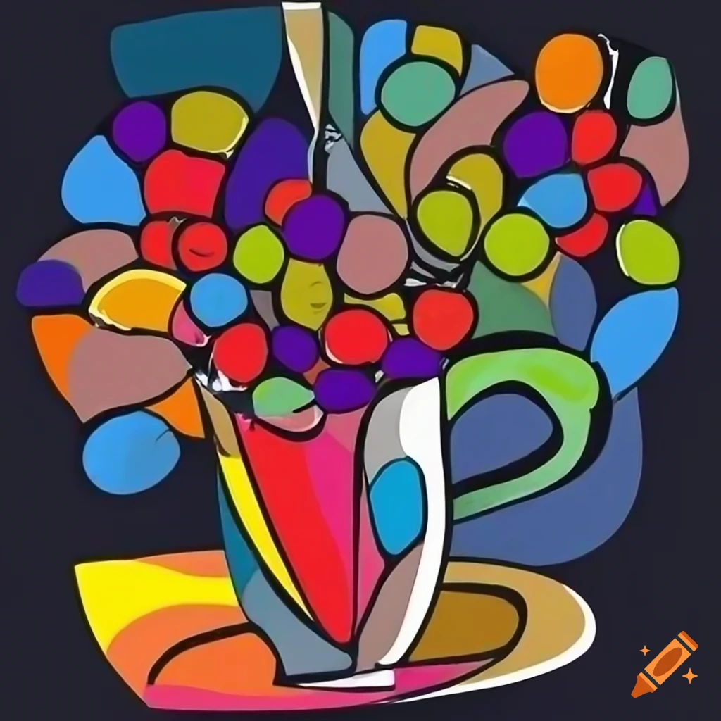 Colorful cubism still life art with fruits and flowers in Picasso style ...