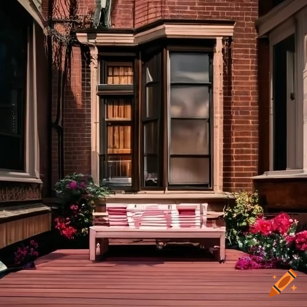 Cozy brownstone back porch with chairs and vibrant flowers on Craiyon