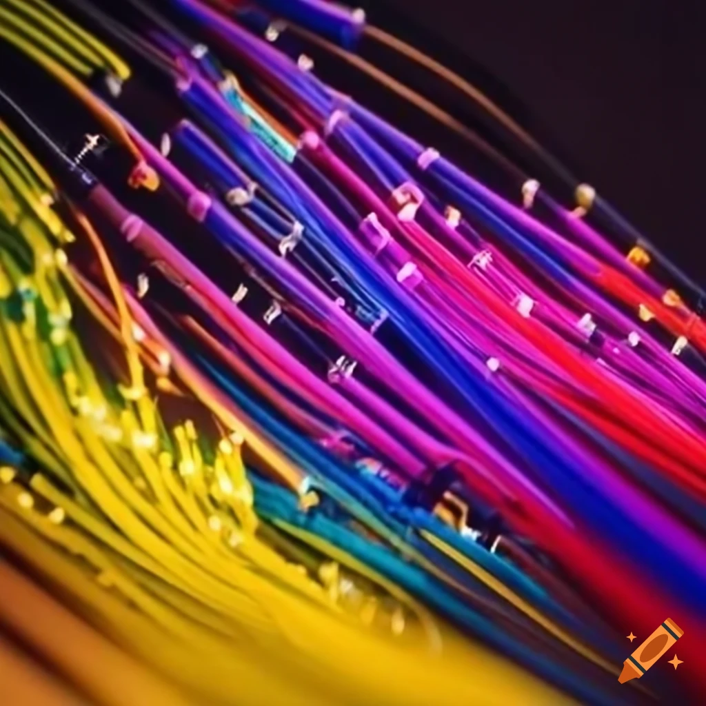 Vivid display of fiber optic cables in a technology setup on Craiyon