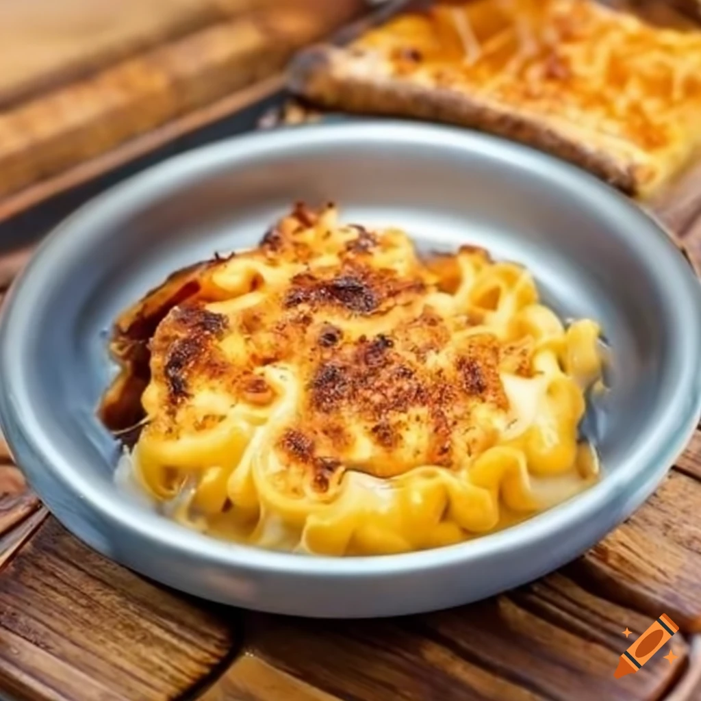 Aluminum takeout dish filled with macaroni & cheese on a wooden bench ...
