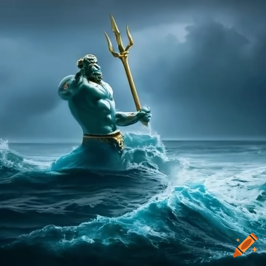 Poseidon battling the rough sea with his trident on Craiyon