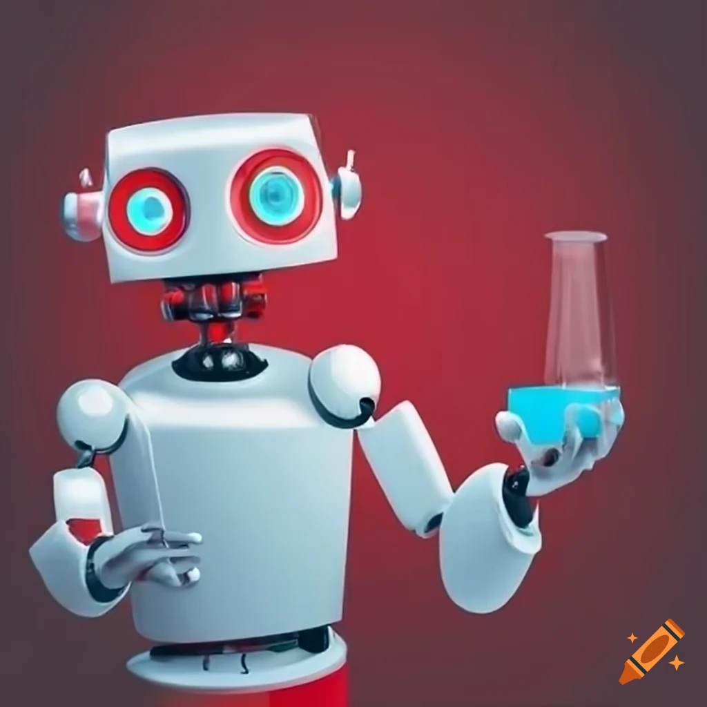 Red robot in a white lab coat holding a beaker on Craiyon