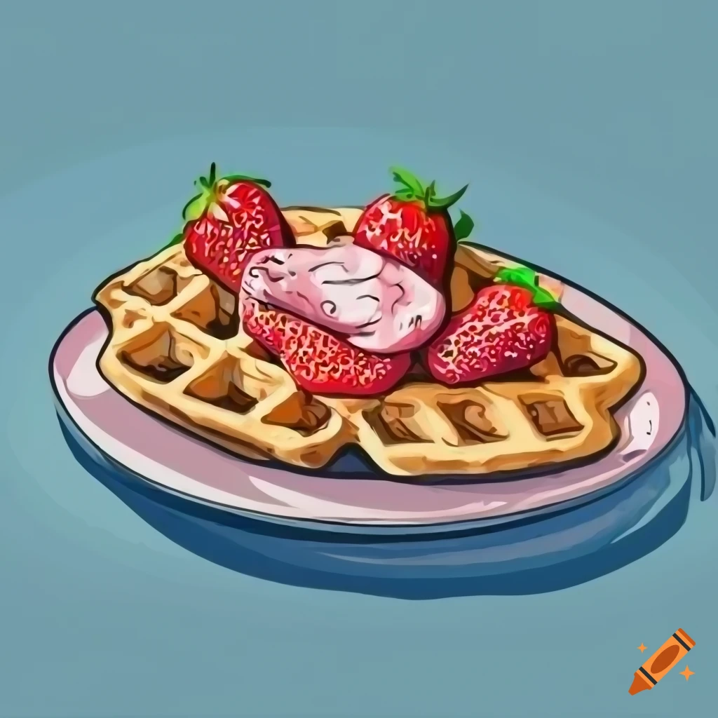 Cartoon waffles with strawberries and syrup on a light blue background ...