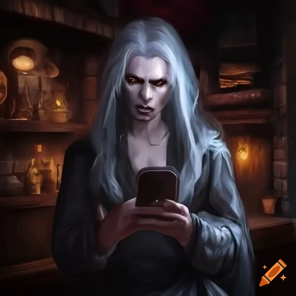 Vampire pirate with white skin and hair using scifi crystal phone in a ...