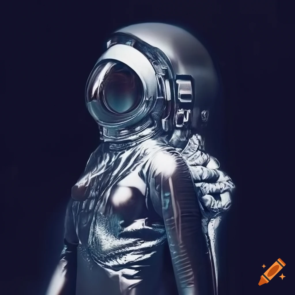 Futuristic chrome abstract creature woman in astronaut helmet, 1960s ...