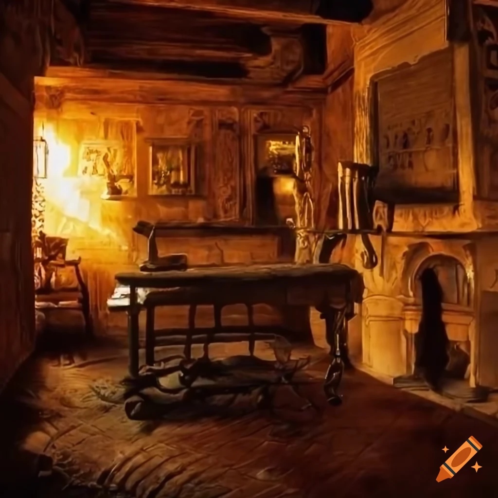 Interior of a 17th century Hungarian inn with a roaring fire on Craiyon