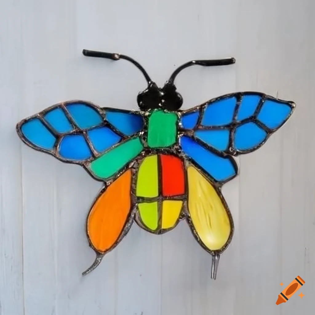Colorful stained glass bee sculpture on a white table on Craiyon