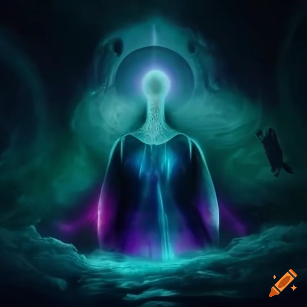 Giant space scientist depicted in an ethereal style on Craiyon