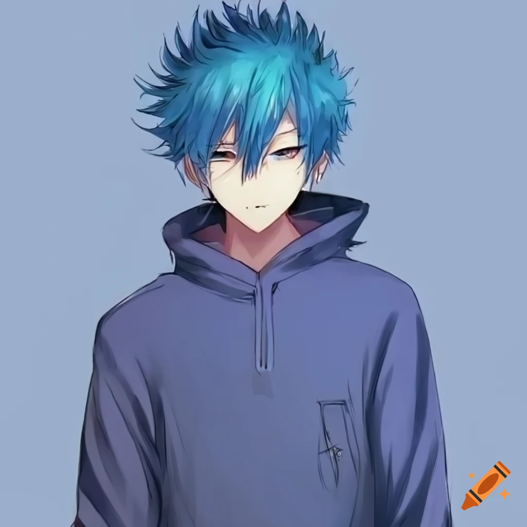 Blue haired anime boy with spiky hair and a grin wearing a blue hoodie ...