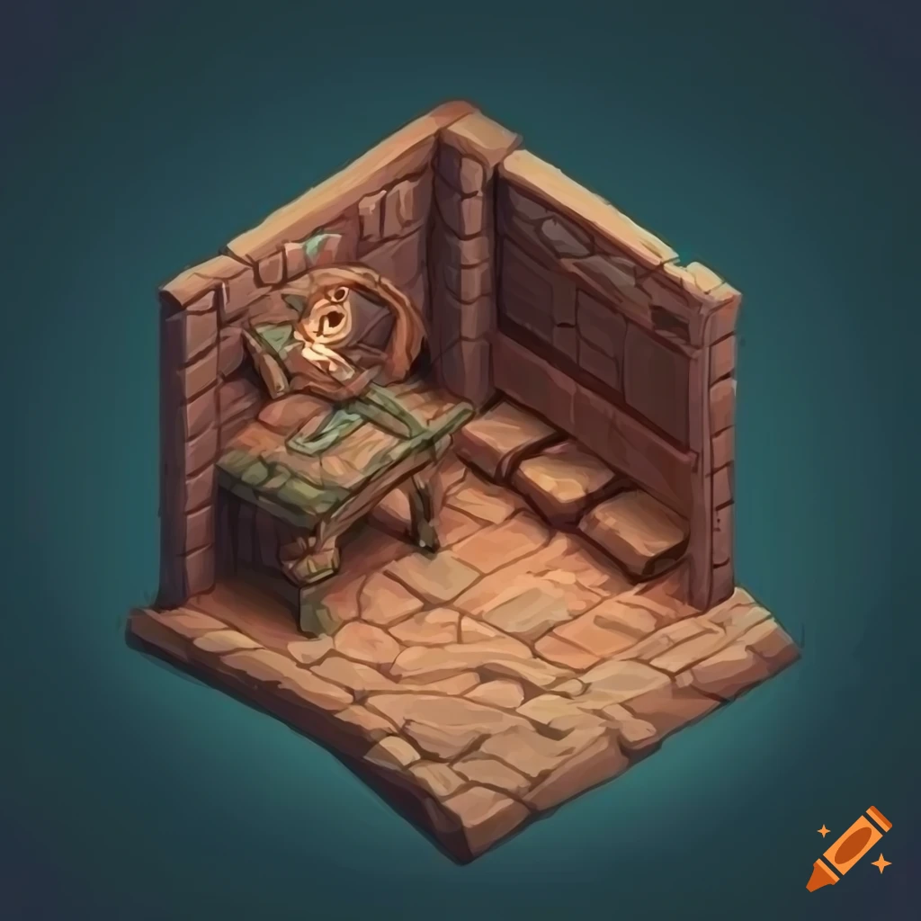 Isometric dungeon room with chest and lizard on stones on Craiyon