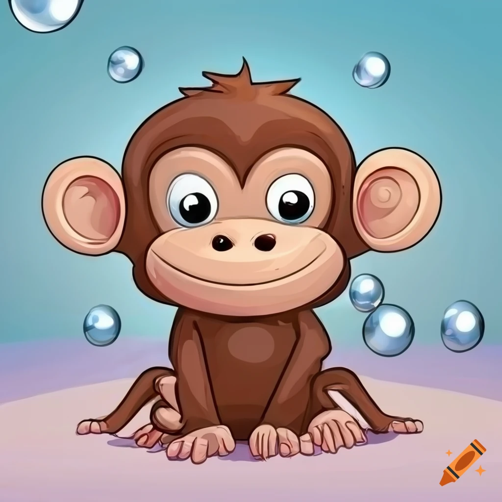 Monkey playing with bubbles in cartoon style on Craiyon