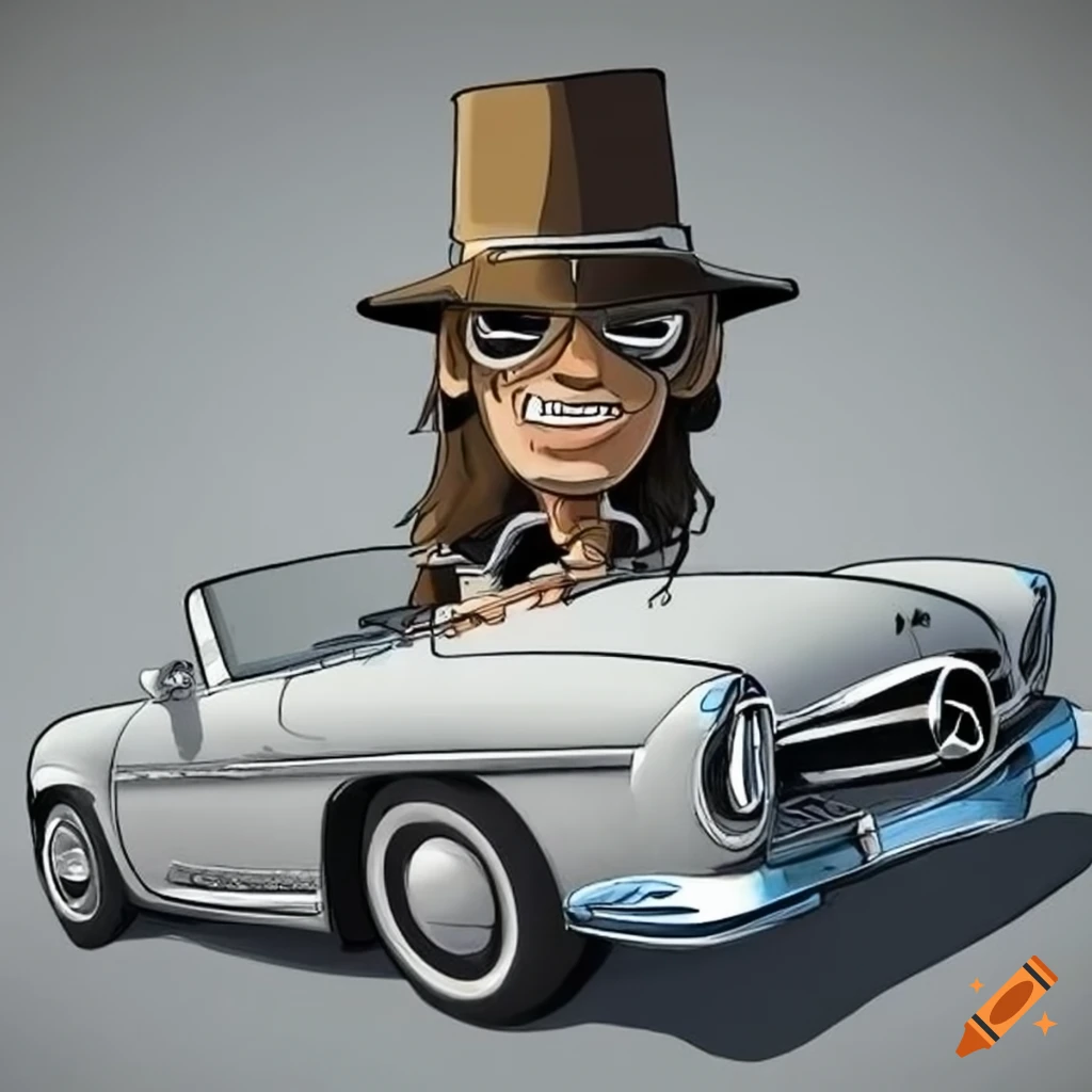 Happy udo lindenberg in a cartoon white sl 230 mercedes on Craiyon