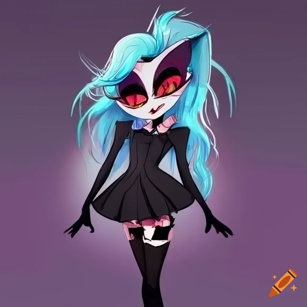 Long Blue Haired Girl In Short Black Dress And Heeled Boots In Hazbin