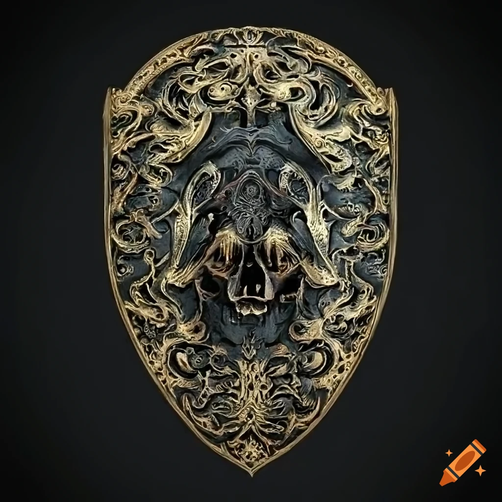 Ornate gothic shield with dragon/wolf engravings and celtic patterns on ...