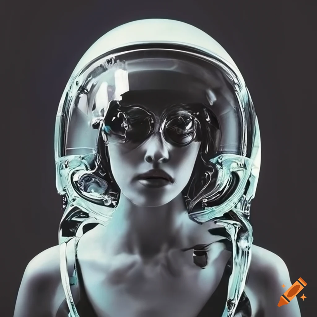 Futuristic chrome abstract creature x-ray with woman in astronaut ...