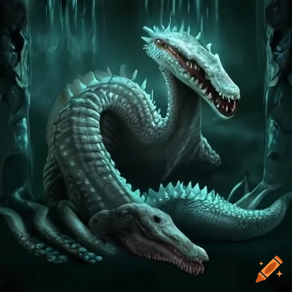 White hydra alligator in a nuclear swamp with alien features on Craiyon