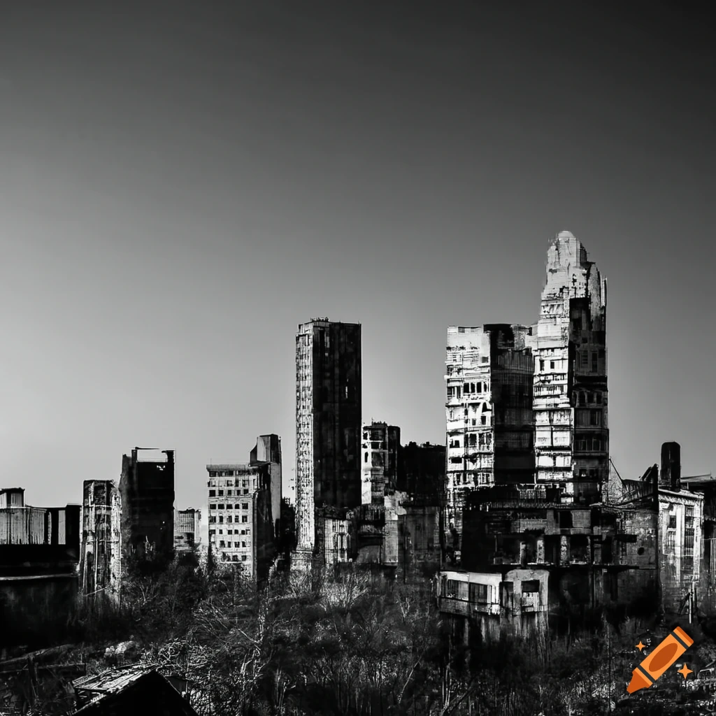 Abandoned city skyline in a gritty black-and-white urban landscape on ...