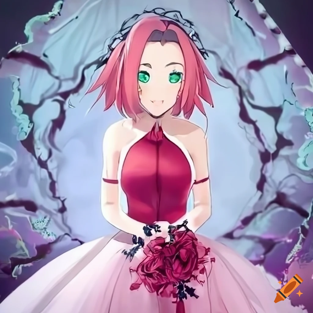 Sakura Haruno in a unique wedding dress design on Craiyon